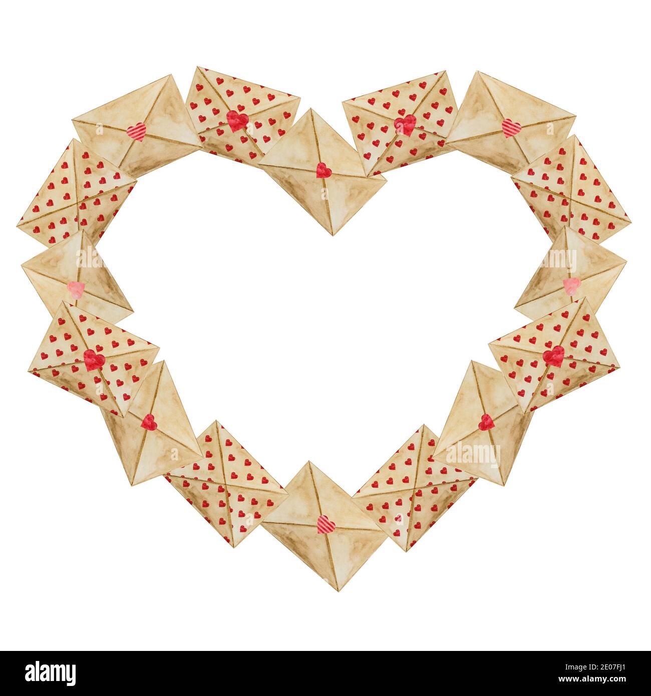 Beautiful watercolor drawing of a postal envelope and hearts. Closeup ...