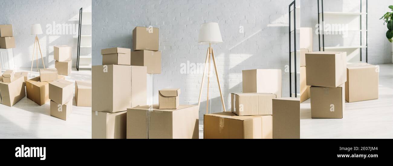 Cardboard boxes stacked in room hi-res stock photography and images - Alamy