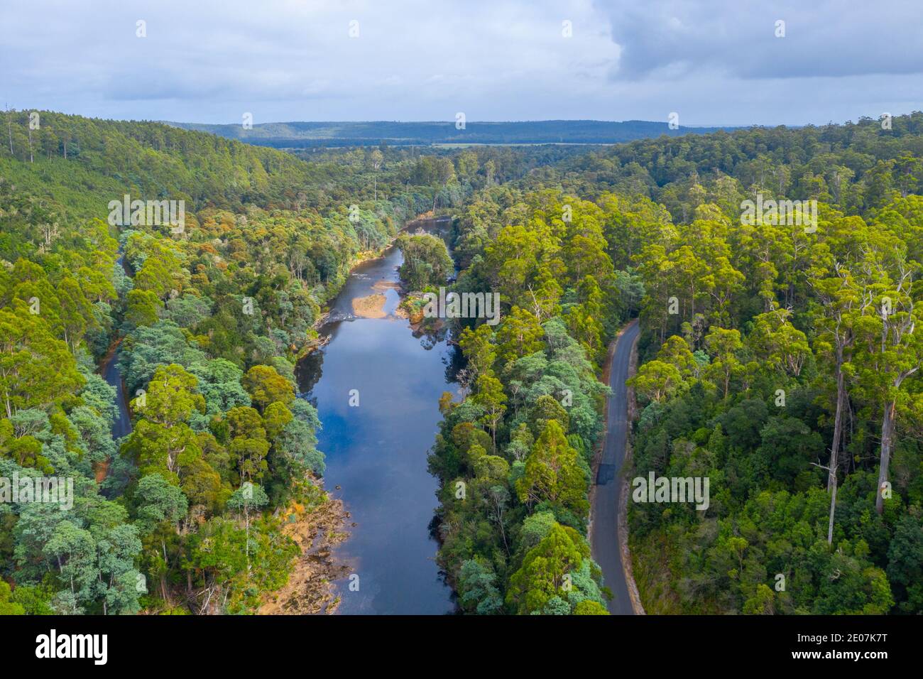 Aerial view of Arthur river at Tarkine forest in Tasmania, Australia ...