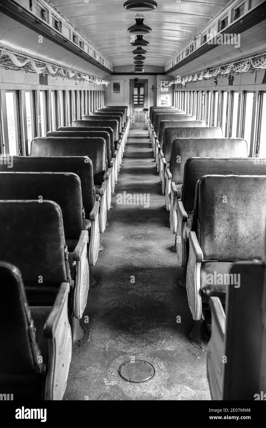 Vintage and abandoned empty railroad train car on the train tracks ...
