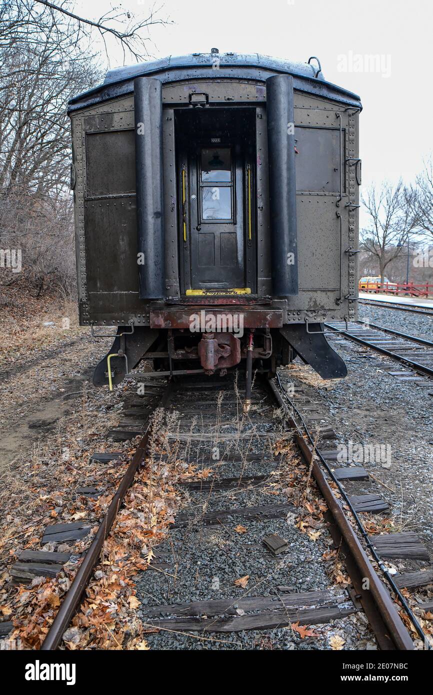 Vintage and abandoned empty railroad train car on the train tracks ...