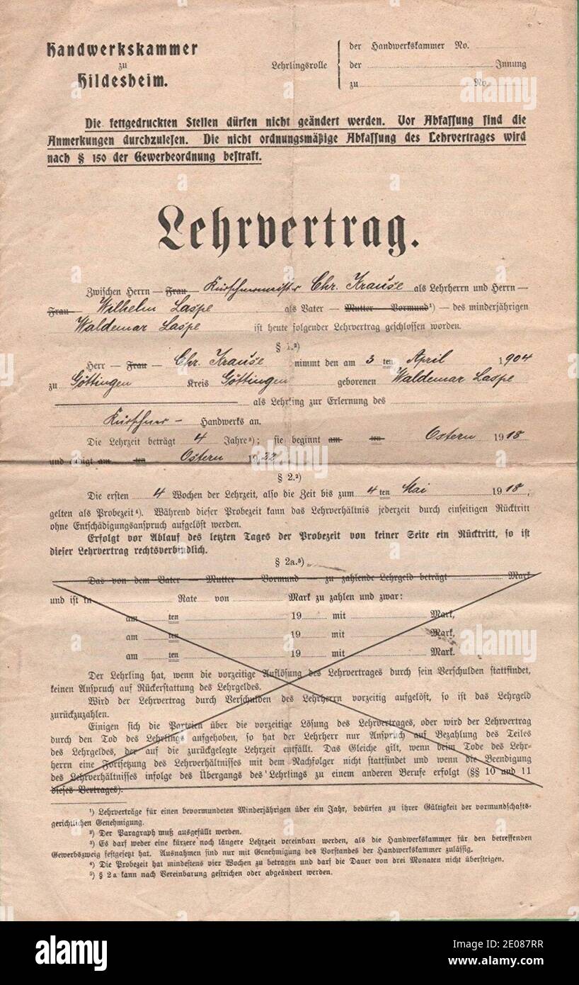 Lehrvertrag Wilhelm Laspe bei Kürschnermeister Chr. Krause, Göttingen ...