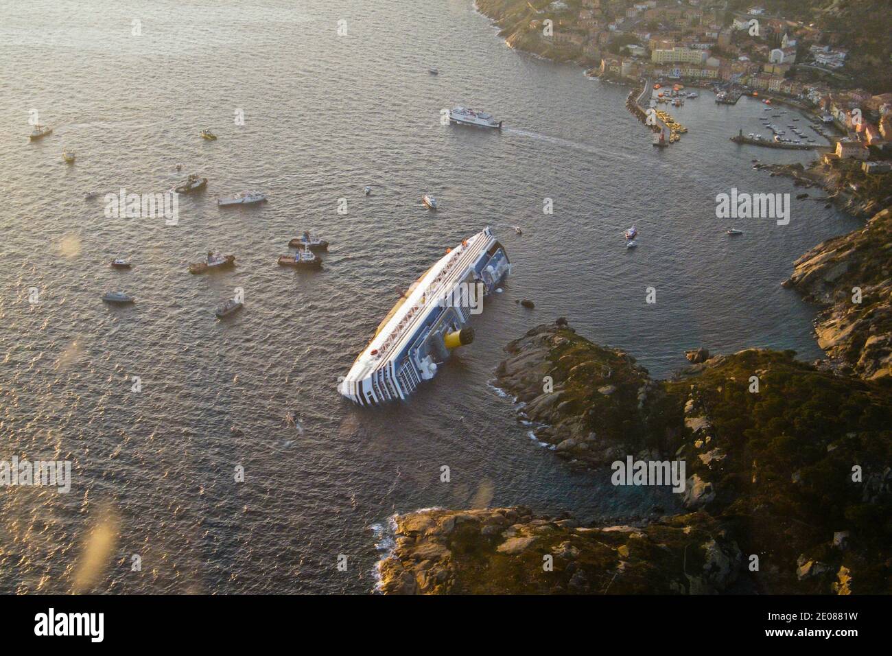 Aerial view shows the Costa Concordia, Isolas del Giglio, Italy on ...