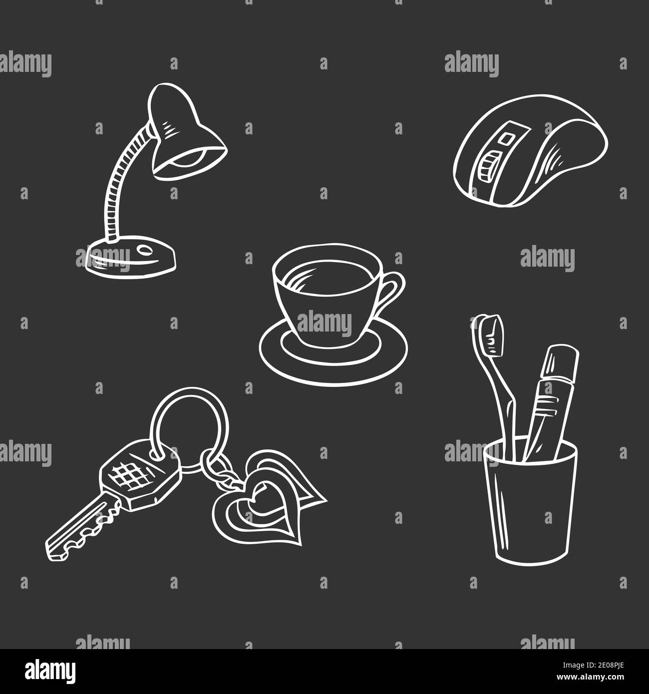 Drawn set of household items. Keys, a cup of coffee, a toothbrush, a ...