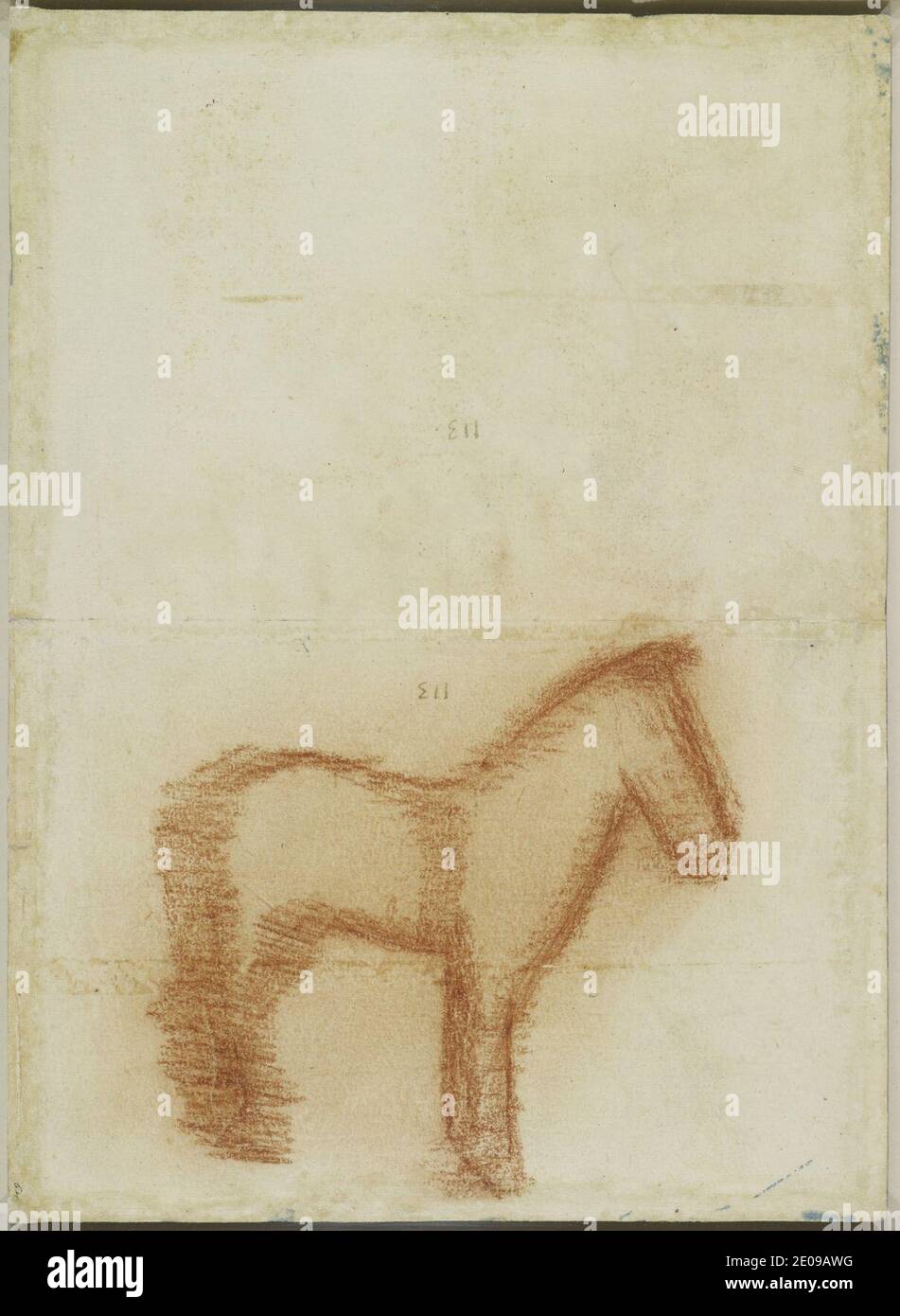 Leonardo da Vinci - v, A horse in left profile, with measurements c ...