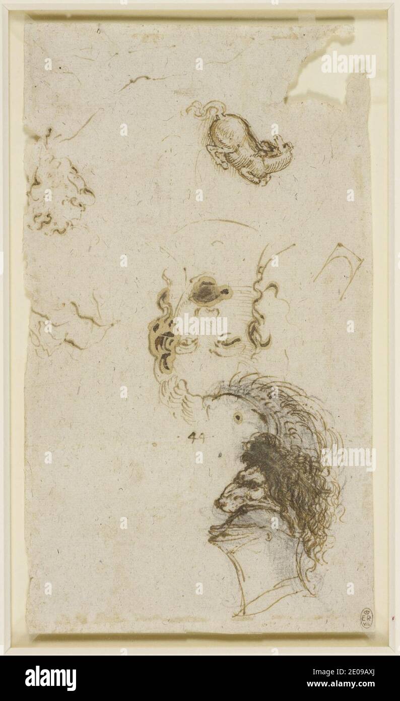 Leonardo da Vinci - A design for a helmet, the head of a youth, and a ...