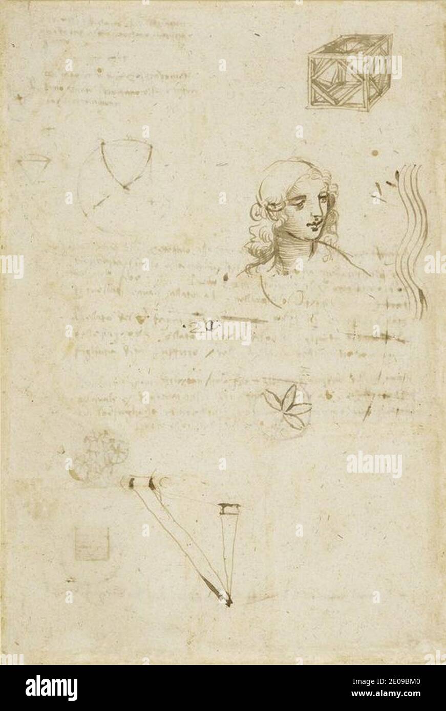 Leonardo da Vinci - Verso Studies of geometry, a female head, etc. c ...