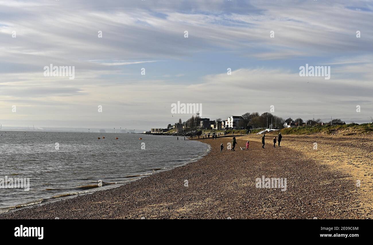Shoeburyness. United Kingdom. 30 December 2020. People walk their dogs ...