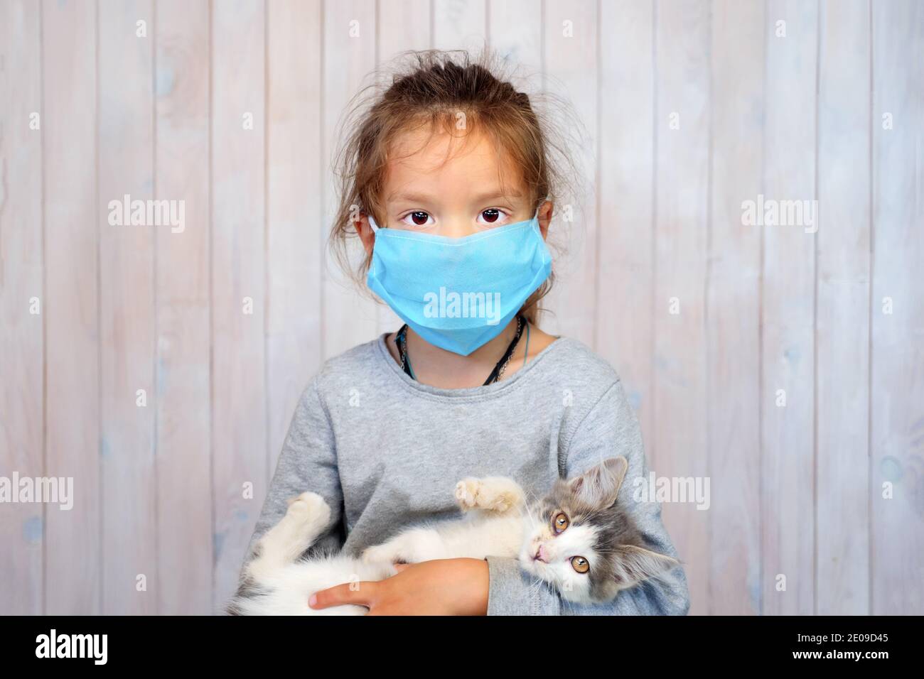 Corona virus and sad kid. Generation in mask. Portrait baby girl in ...