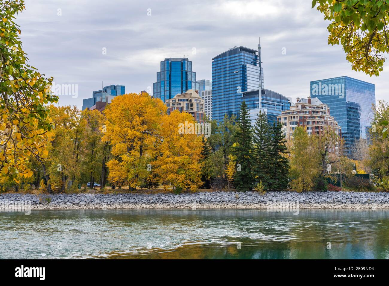 Prince's Island Park autumn foliage scenery. Bow river bank, downtown ...
