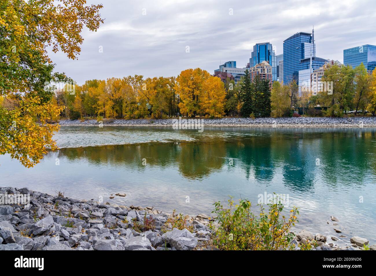 Prince's Island Park autumn foliage scenery. Bow river bank, downtown ...