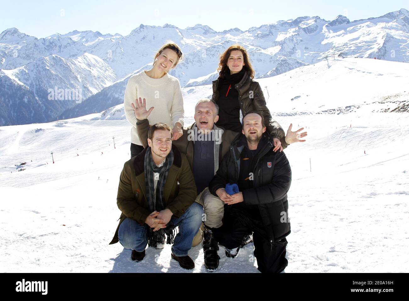 Cast of Un Village Francais posing during the 14th Luchon Television ...