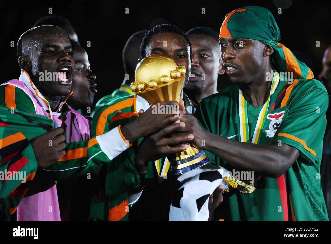 Zambia national team players celebrate their victory at the end of the ...