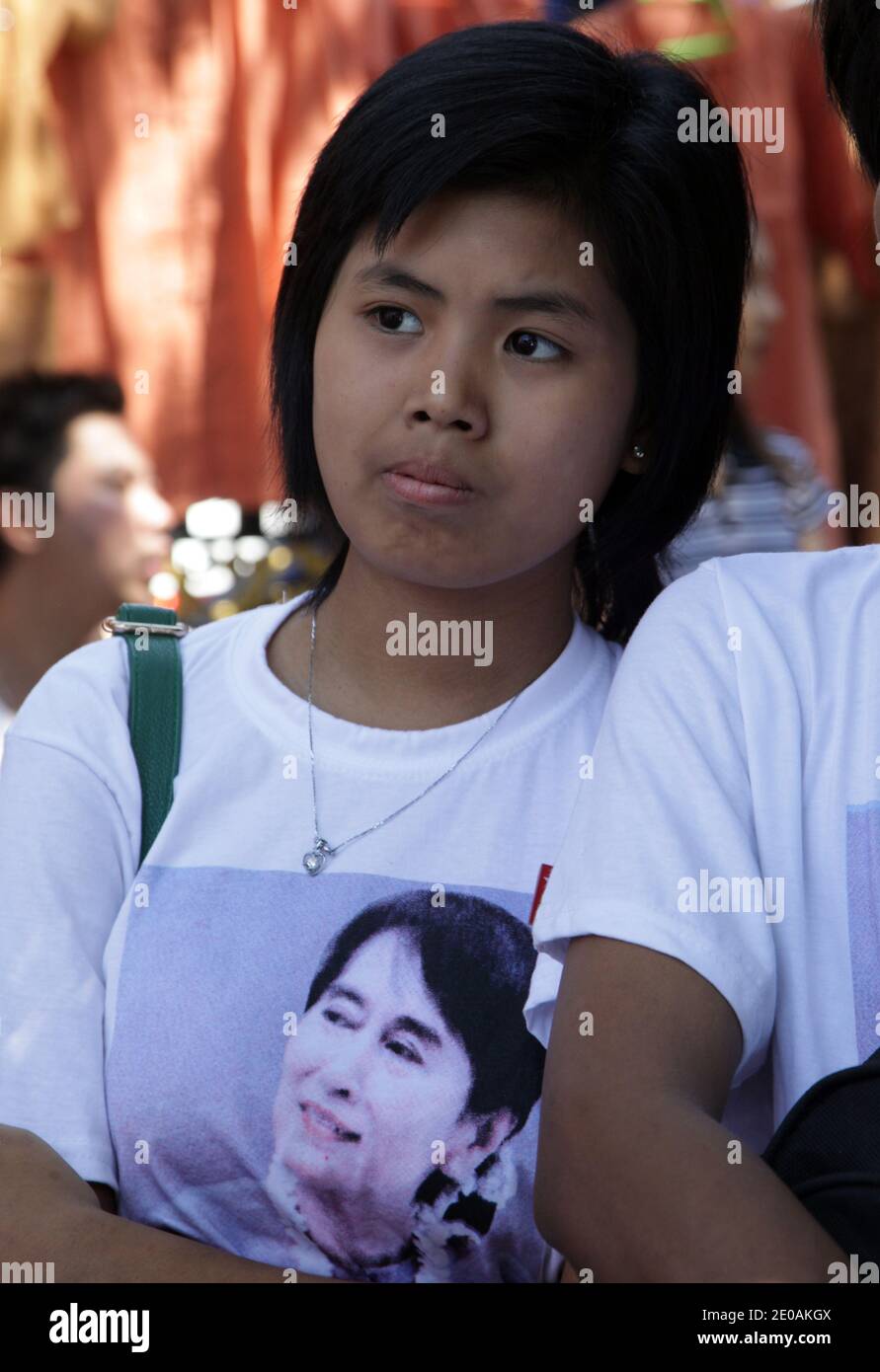 A young NLD volunteer with an Aung San Suu Kyi tee-shirt is pictured in ...