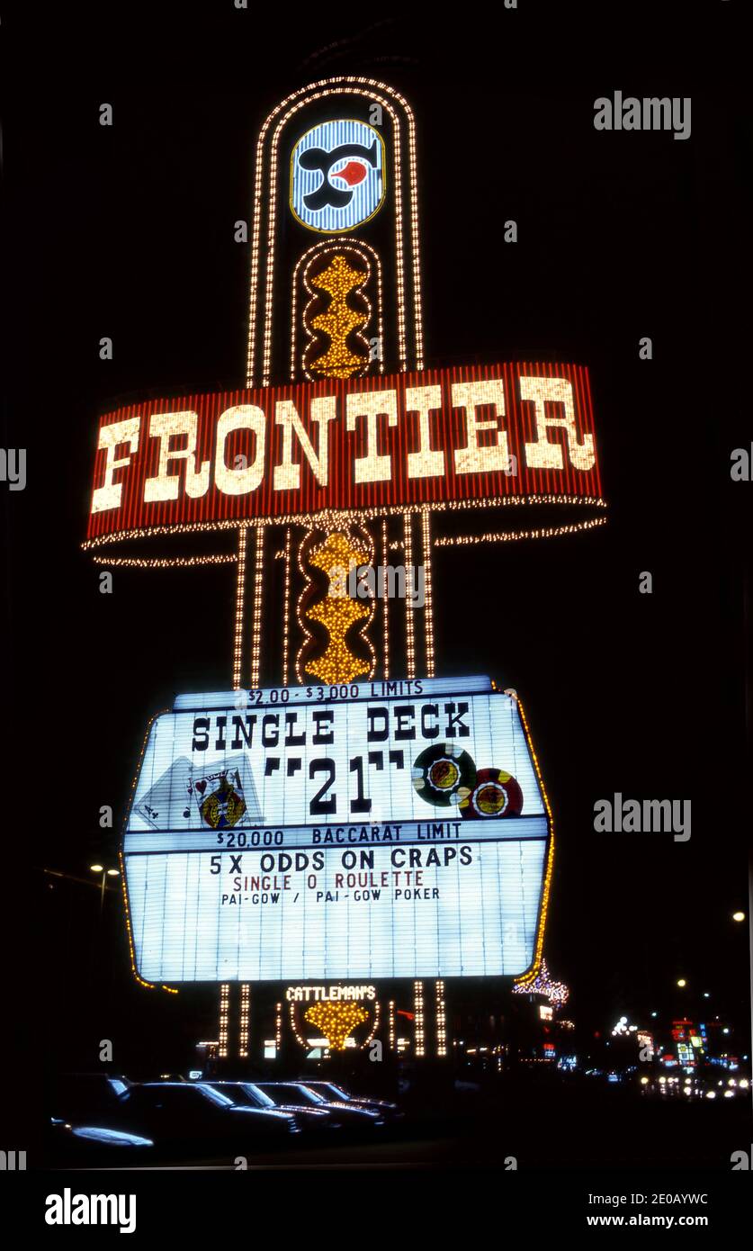 Large neon sign for the Frontier Hotel on the Strip in Las Vegas ...