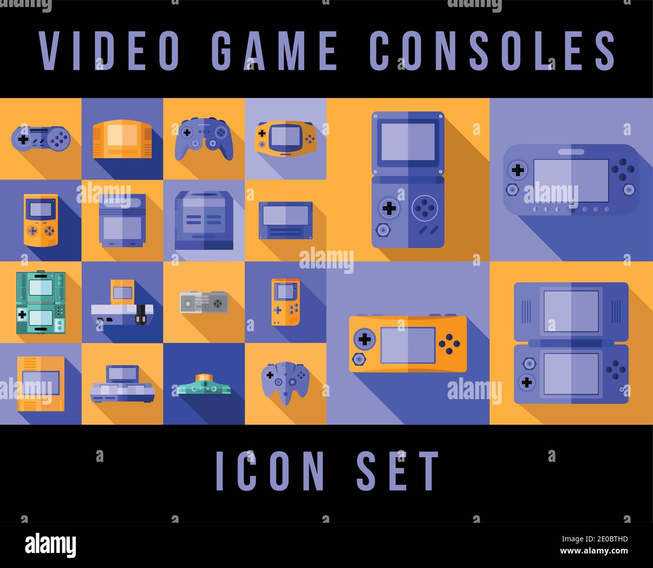 videogame consoles purple and orange icon set design, play leisure and ...