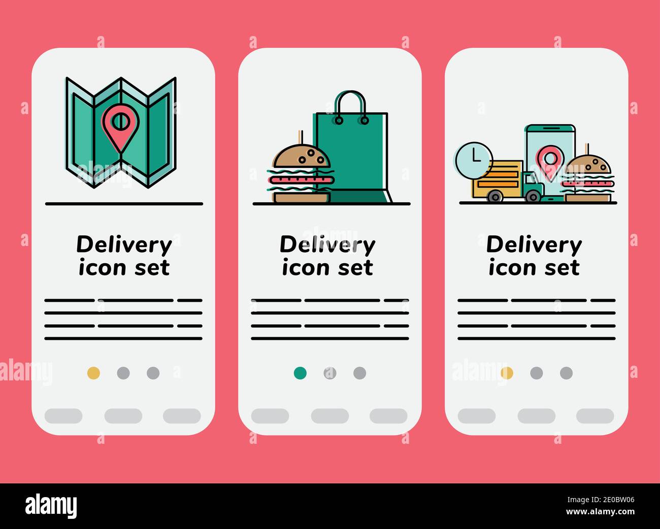 Food delivery icon set banners frames labels design, logistics ...
