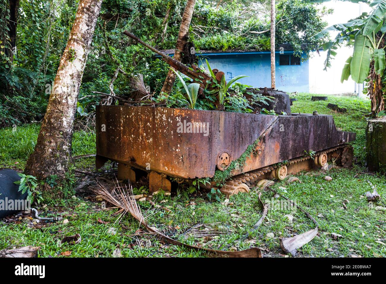Rusted tank remain near Baseball Stadium at centre,world war, Island of ...