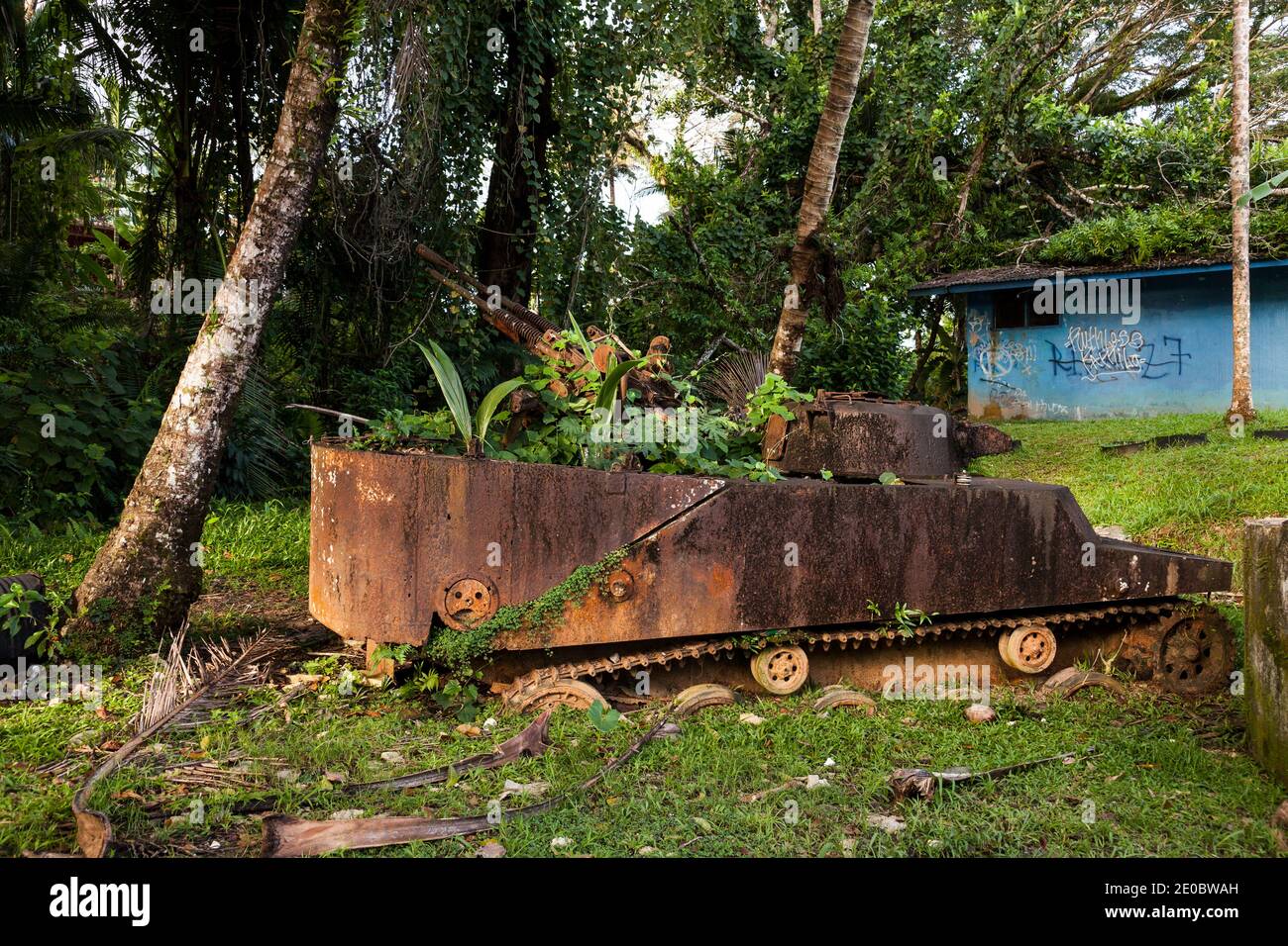 Rusted tank remain near Baseball Stadium at centre,world war, Island of ...