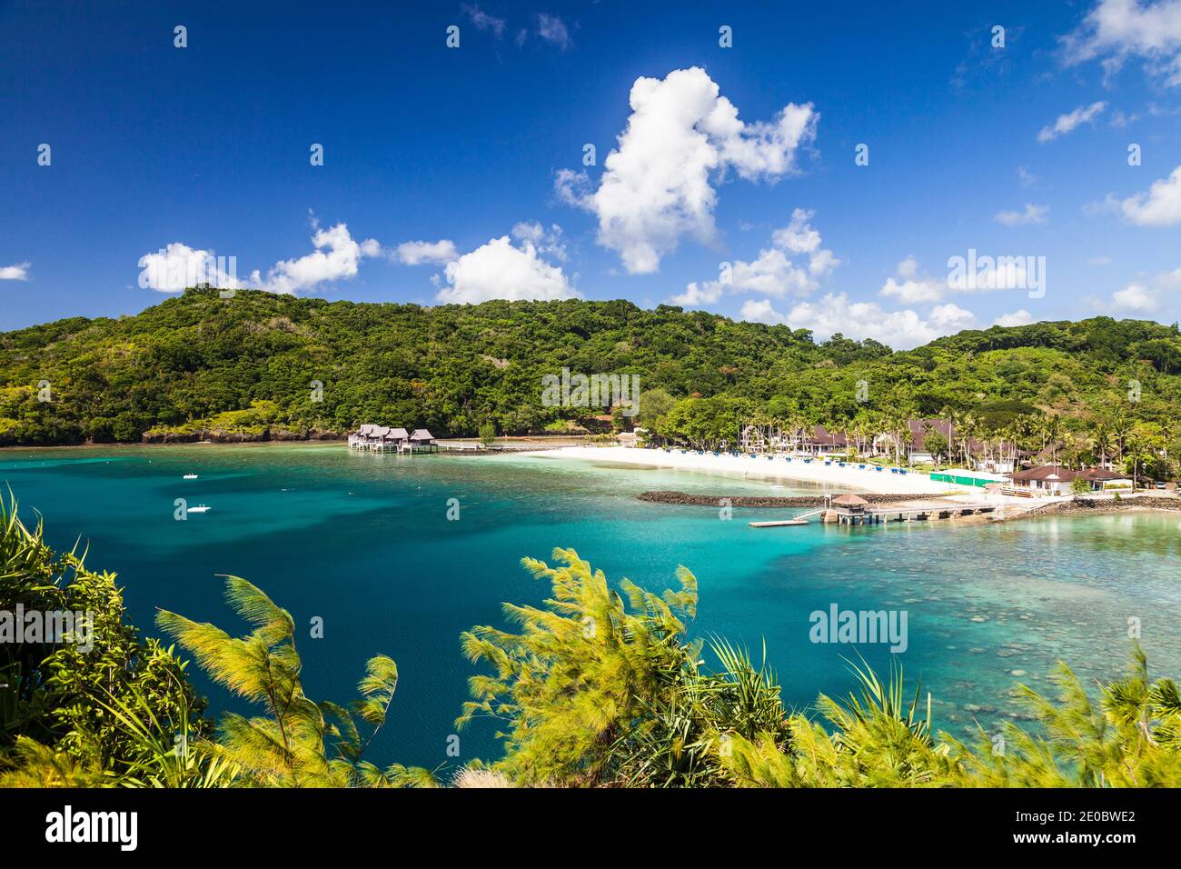 View of lagoon and white sand beach, Palau Pacific Resort, Island of ...