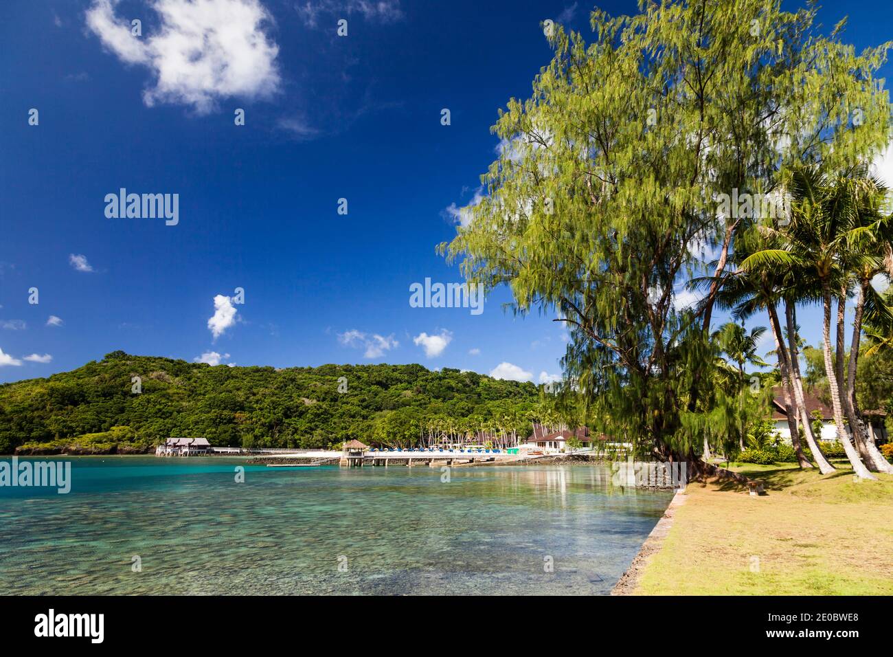 View of lagoon and white sand beach, Palau Pacific Resort, Island of ...