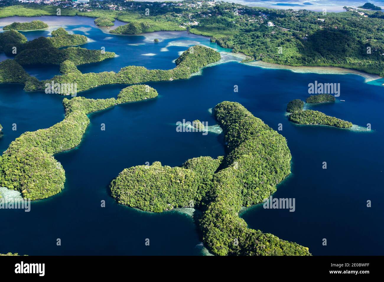 Aerial view of the Rock Islands, archipelago over inland sea of Koror ...
