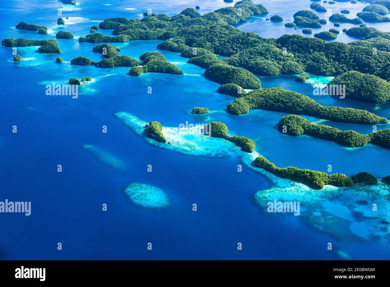 Aerial view of the Rock Islands, over archipelago of Mecherchar island ...