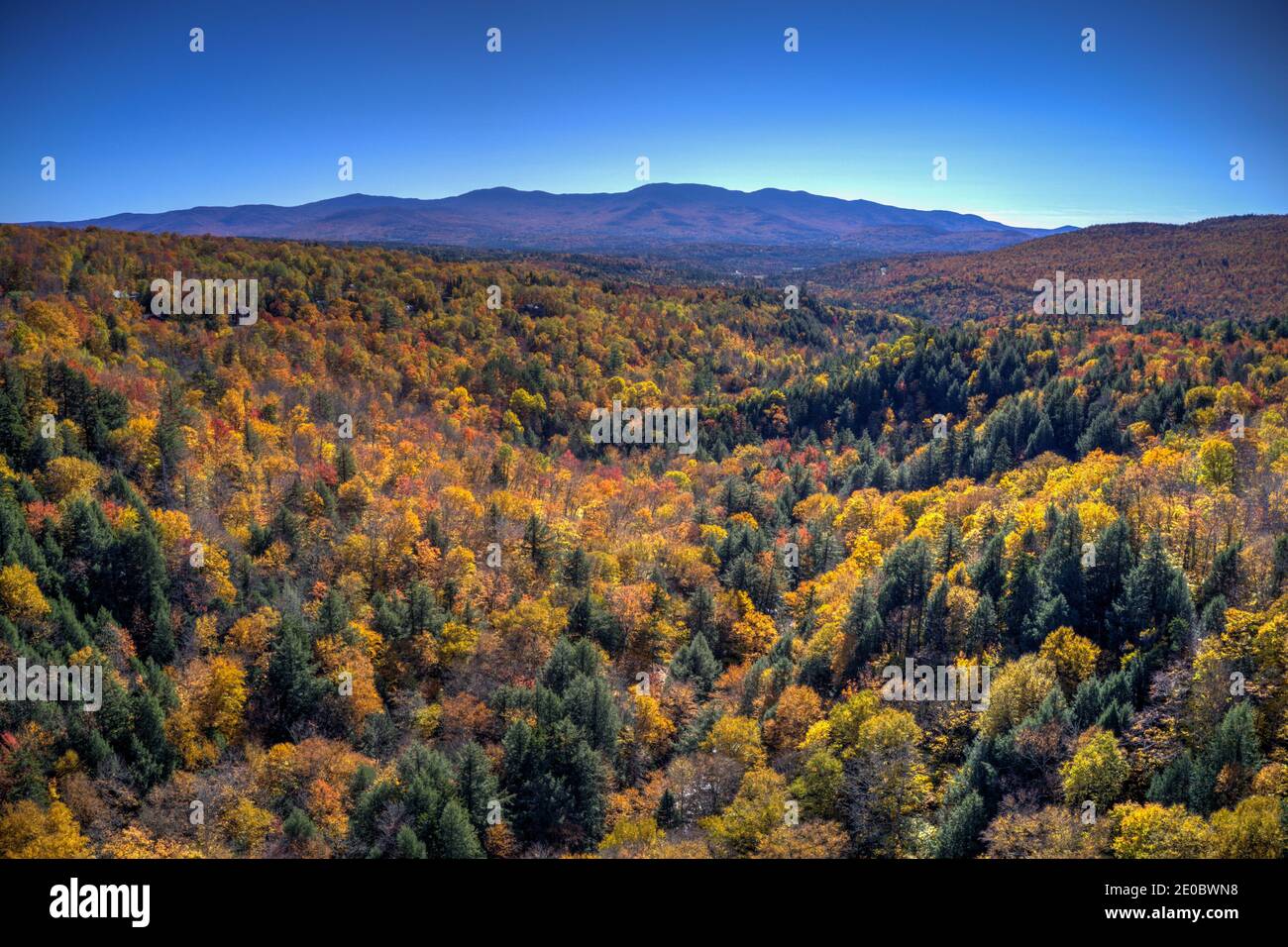 Aerial panoramic view of peak Fall foliage in Stowe, Vermont Stock ...