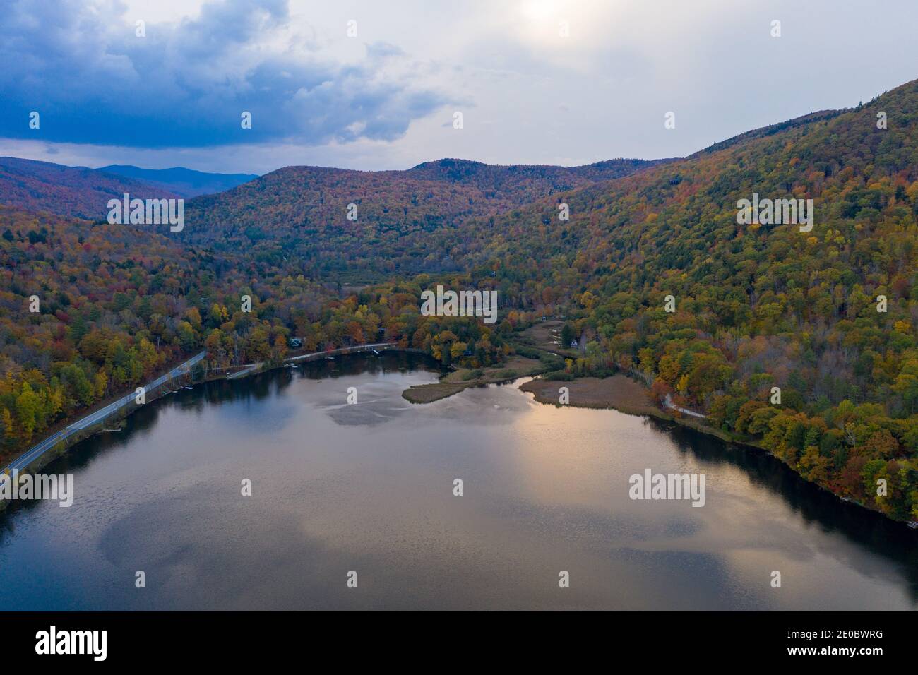 Aerial view of Amherst Lake in fall foliage in Plymouth, Vermont Stock ...