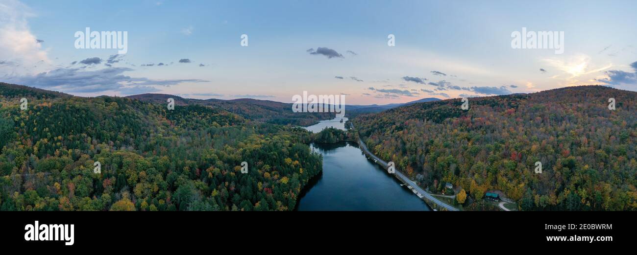 Aerial view of Amherst Lake in fall foliage in Plymouth, Vermont Stock ...