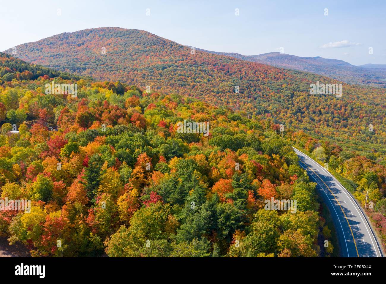 Aerial view of fall foliage along the Catskill Mountains in upstate New ...