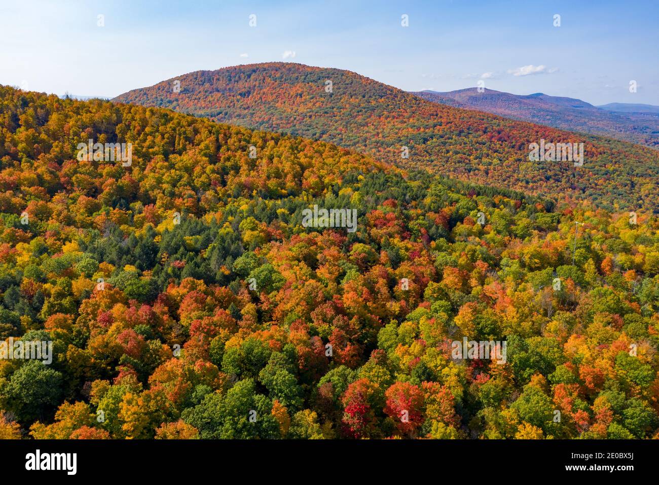 Aerial view of fall foliage along the Catskill Mountains in upstate New ...