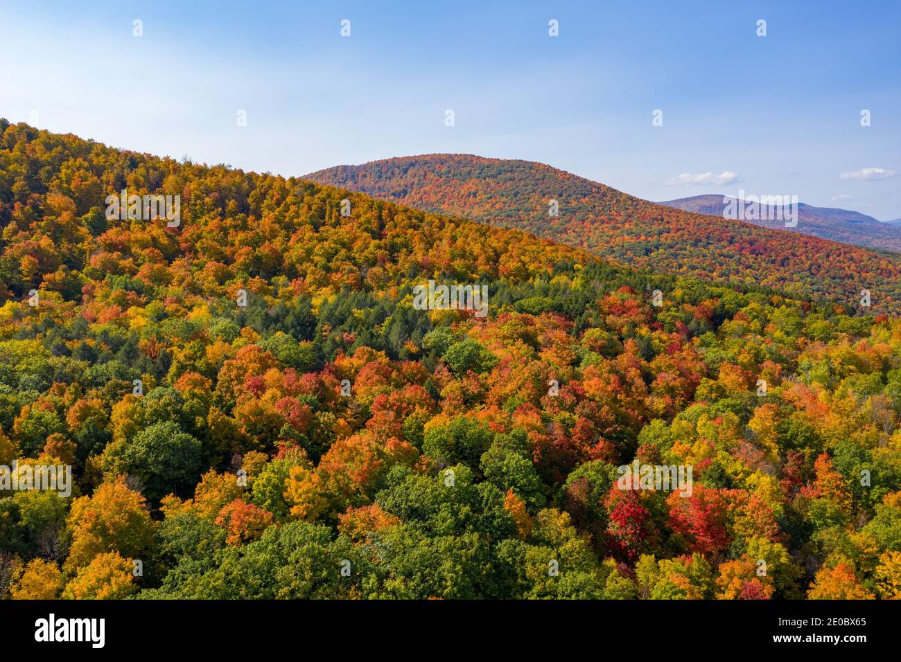 Aerial view of fall foliage along the Catskill Mountains in upstate New ...