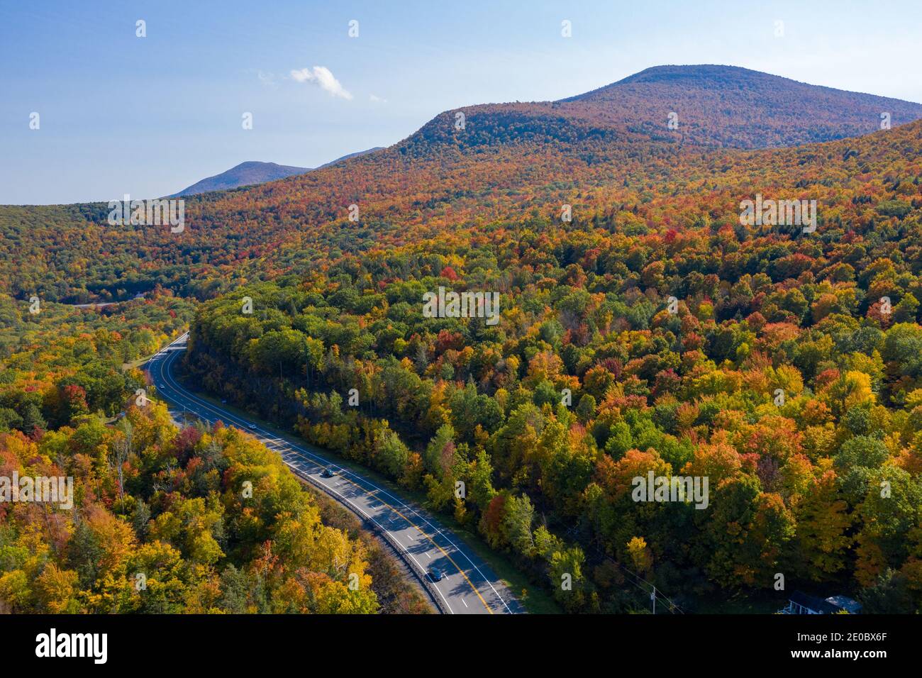 Aerial view of fall foliage along the Catskill Mountains in upstate New ...