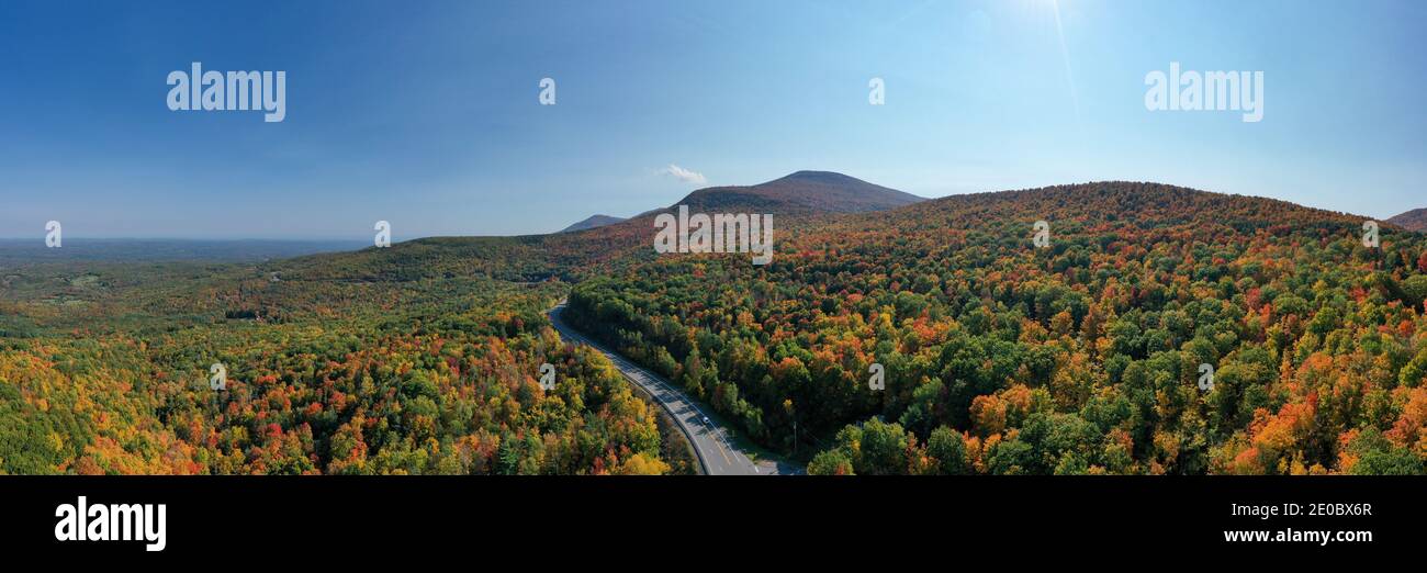 Aerial view of fall foliage along the Catskill Mountains in upstate New ...