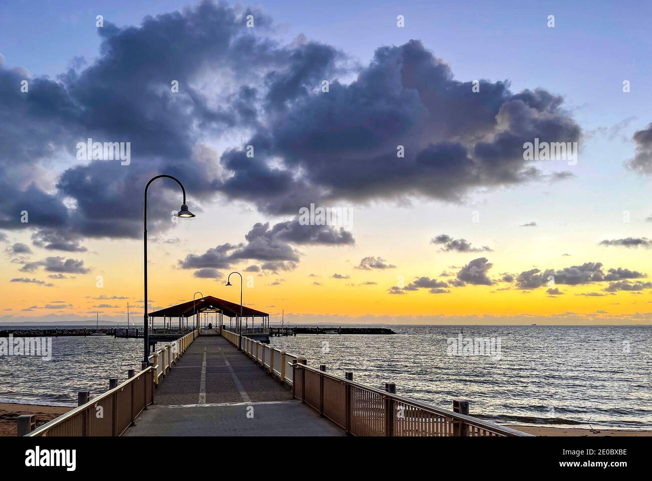 Panoramic view of the Jetty during sunrise in Redcliffe, Queensland ...