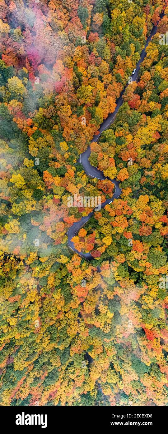 Panoramic view of peak fall foliage in Smugglers Notch, Vermont Stock ...
