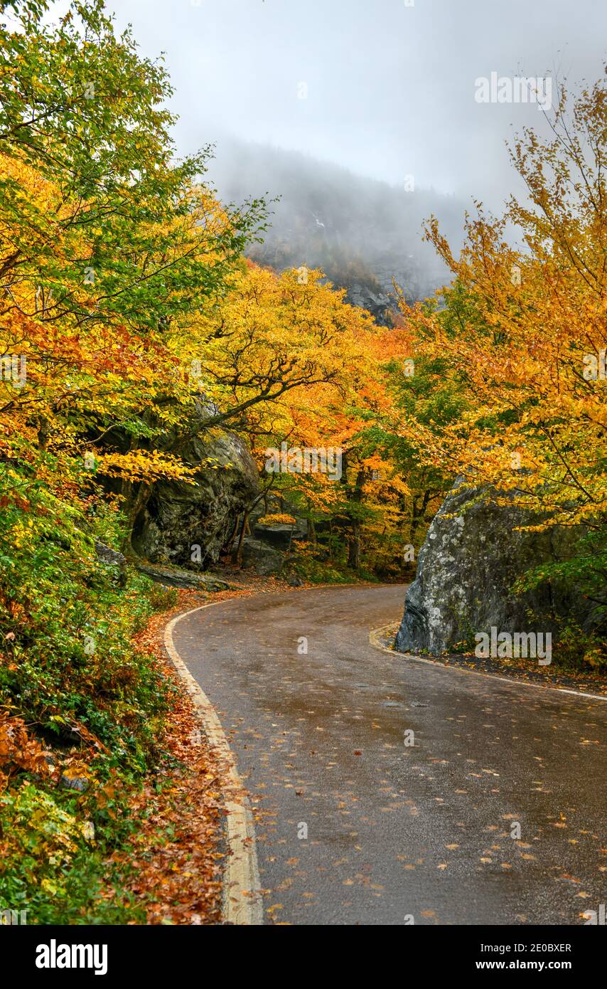 Panoramic view of peak fall foliage in Smugglers Notch, Vermont Stock ...