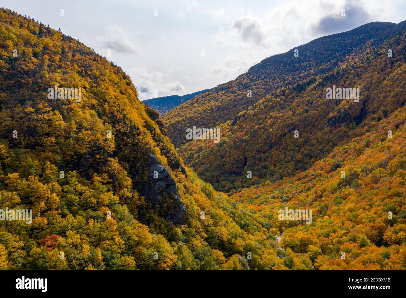 Panoramic view of peak fall foliage in Smugglers Notch, Vermont Stock ...