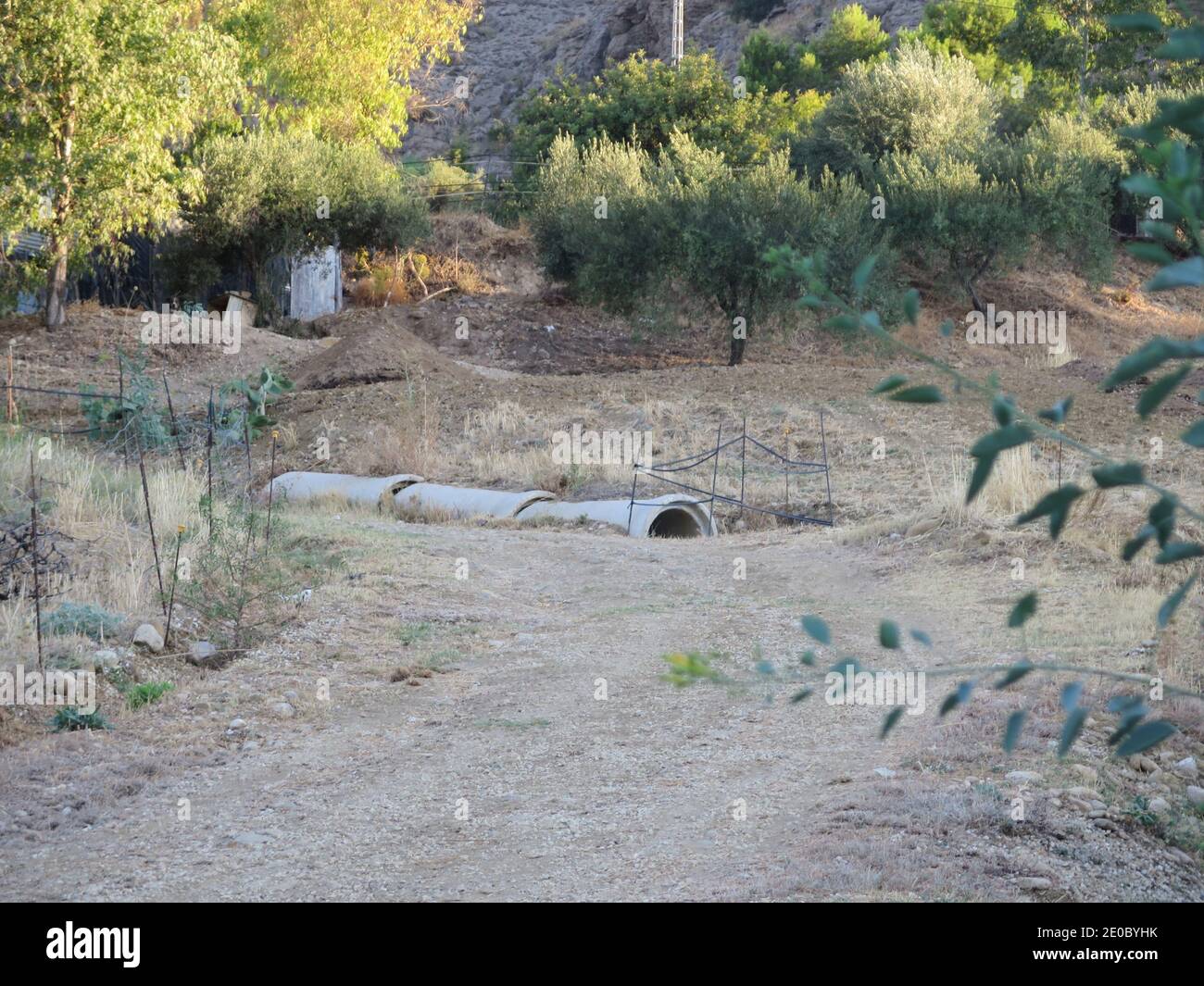 Half submerged disconnected large concrete drainage pipes on hillside ...