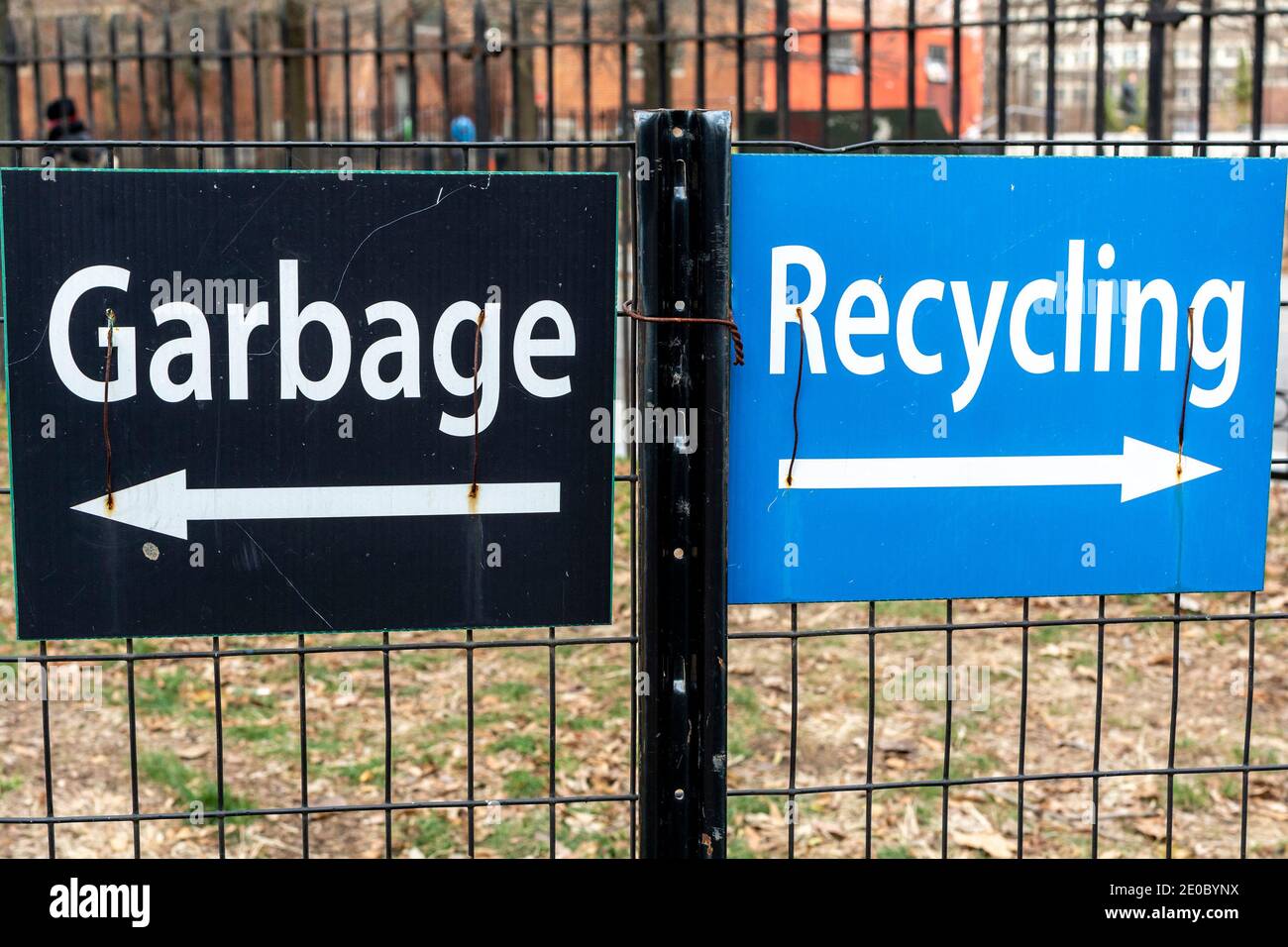 Signs in Park for Garbage and Recycling Locations Stock Photo - Alamy