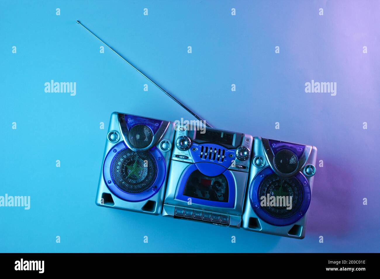 Retro wave, 80s. Audio cassette recorder with antenna and speakers in ...