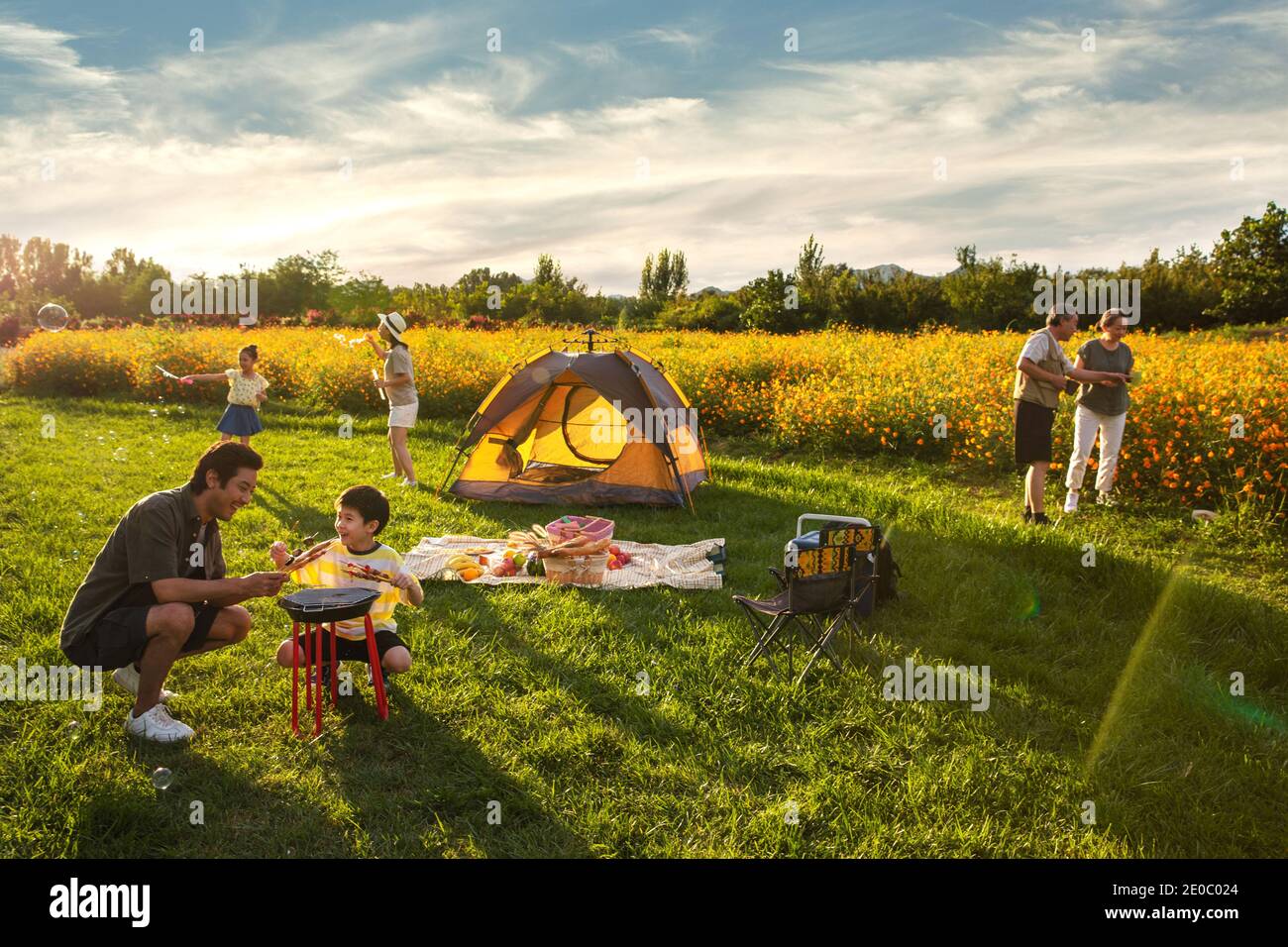 Happy family in the suburbs for a picnic Stock Photo - Alamy
