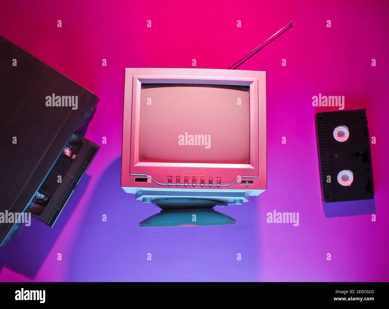 Retro wave, 80s concept. Video player with vhs cassette, old tv, neon ...