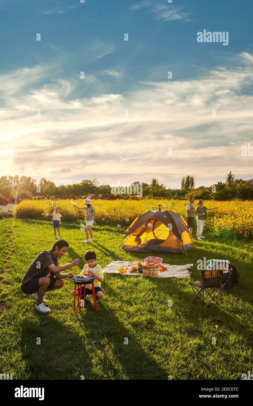 Happy family in the suburbs of barbecues Stock Photo - Alamy