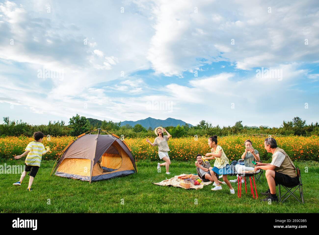 Happy family in the suburbs have a picnic Stock Photo - Alamy