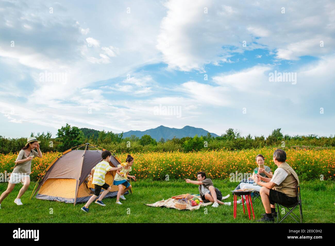 Happy family in the suburbs have a picnic Stock Photo - Alamy
