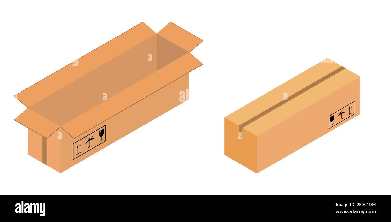 Open and closed cardboard boxes with a tape with road signs. Isolated ...