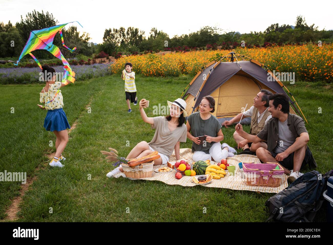 Happy family in the suburbs have a picnic Stock Photo - Alamy