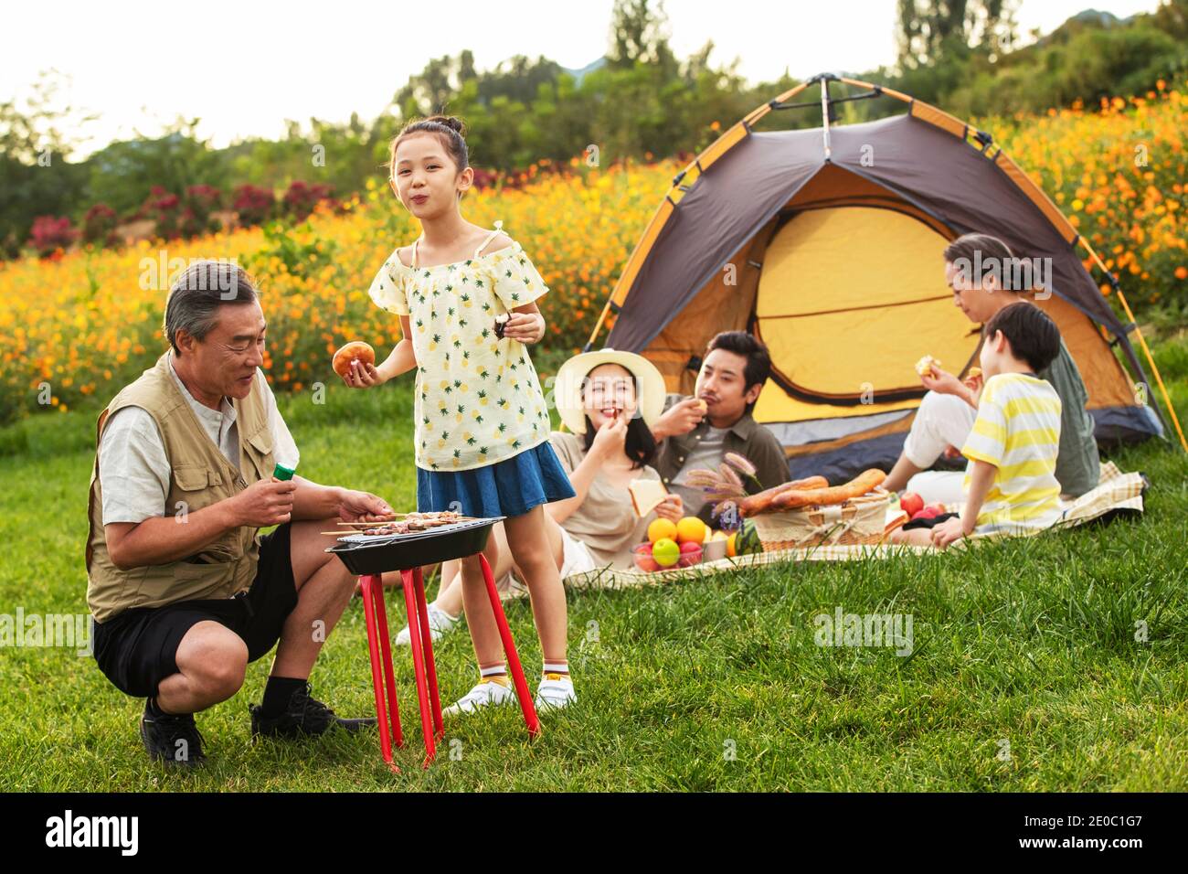 A happy family in the suburbs of barbecue Stock Photo - Alamy
